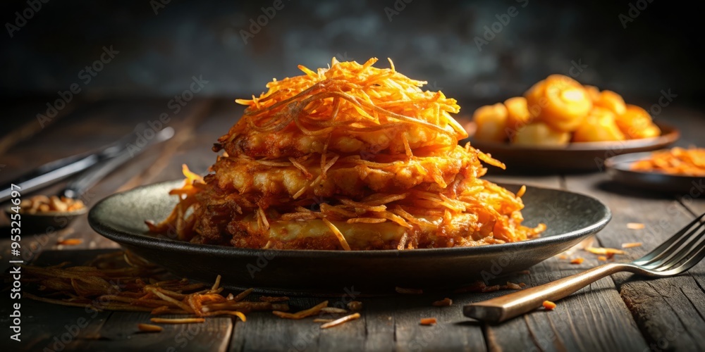 golden crispy breakfast hash browns contrasting dark cold steel ...