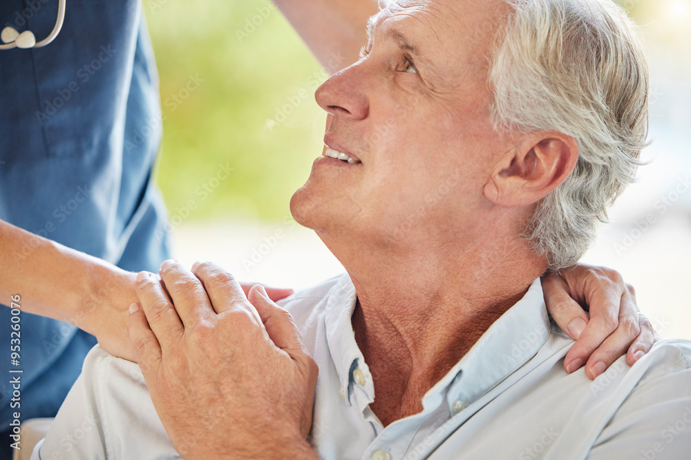 Senior care, nurse and face of old man holding hands with respect ...