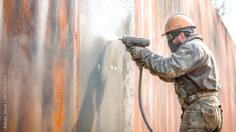 A worker sandblasts metal panels to create textured surfaces for modern ...
