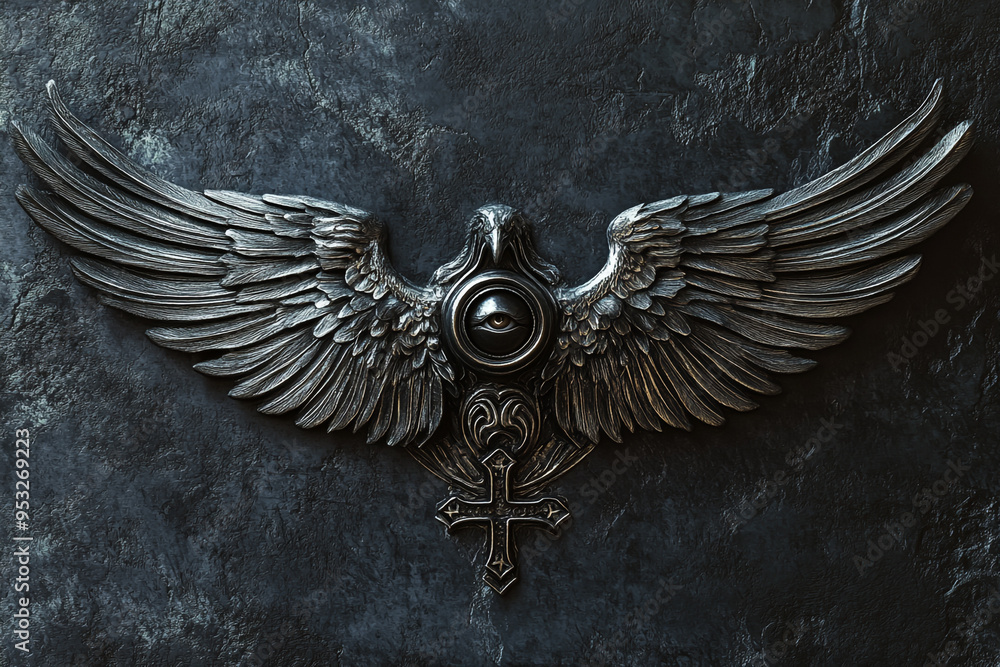 A photorealistic image of an ancient silver Baroque symbol with two ...