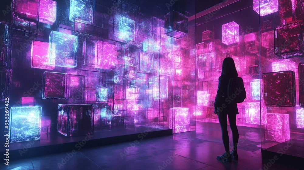 Futuristic art installation, with floating neon sculptures and digital ...