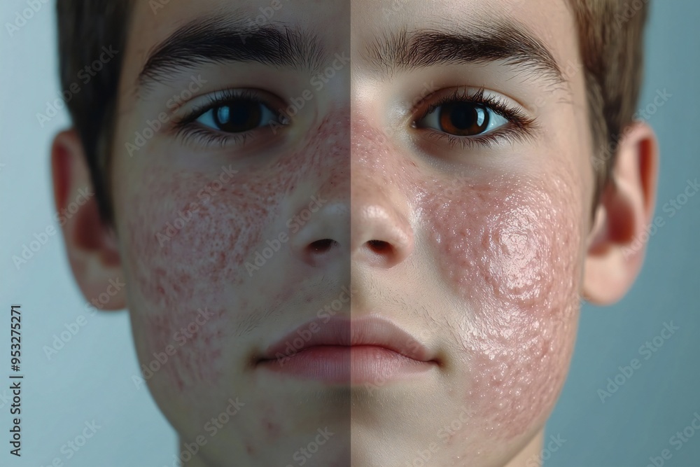 Teenage boy before and after acne treatment, side-by-side comparison ...