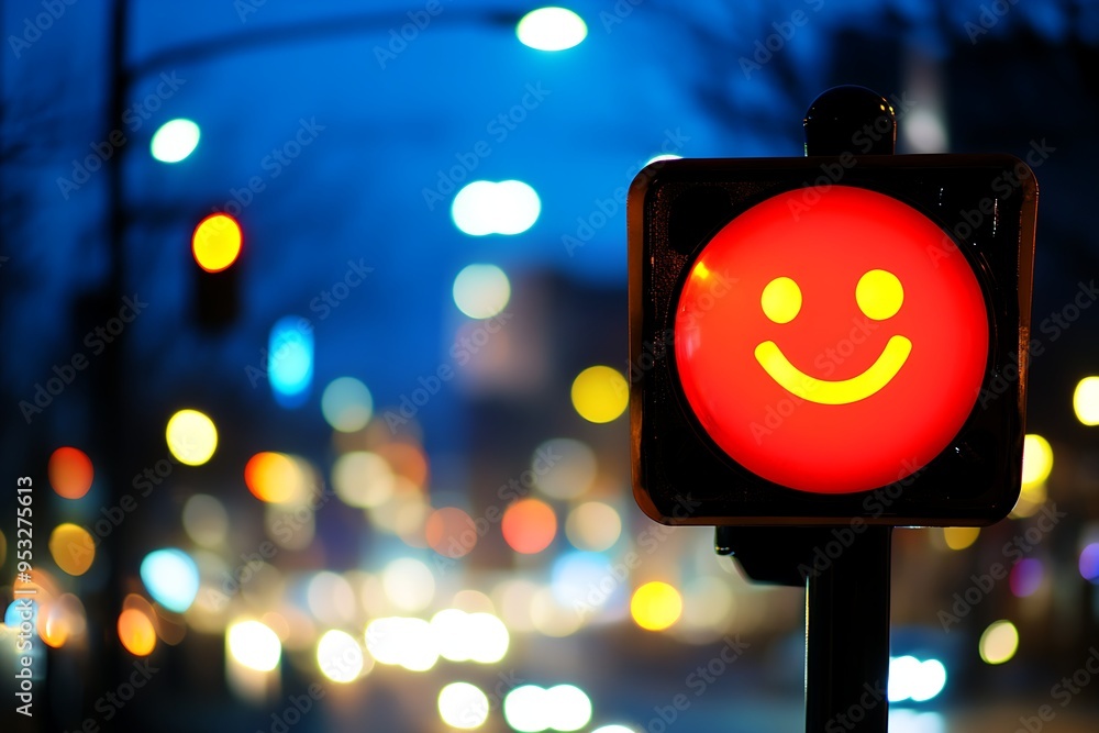 Traffic light with a glowing red stop signal featuring a happy smiley ...