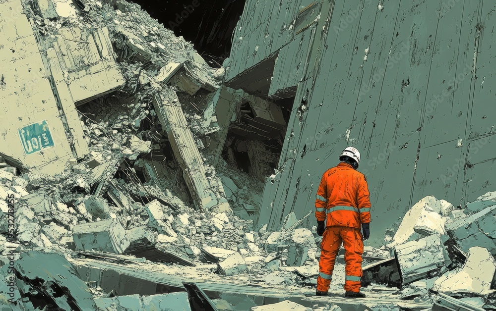 A rescue worker carefully navigates the treacherous rubble inside the ...