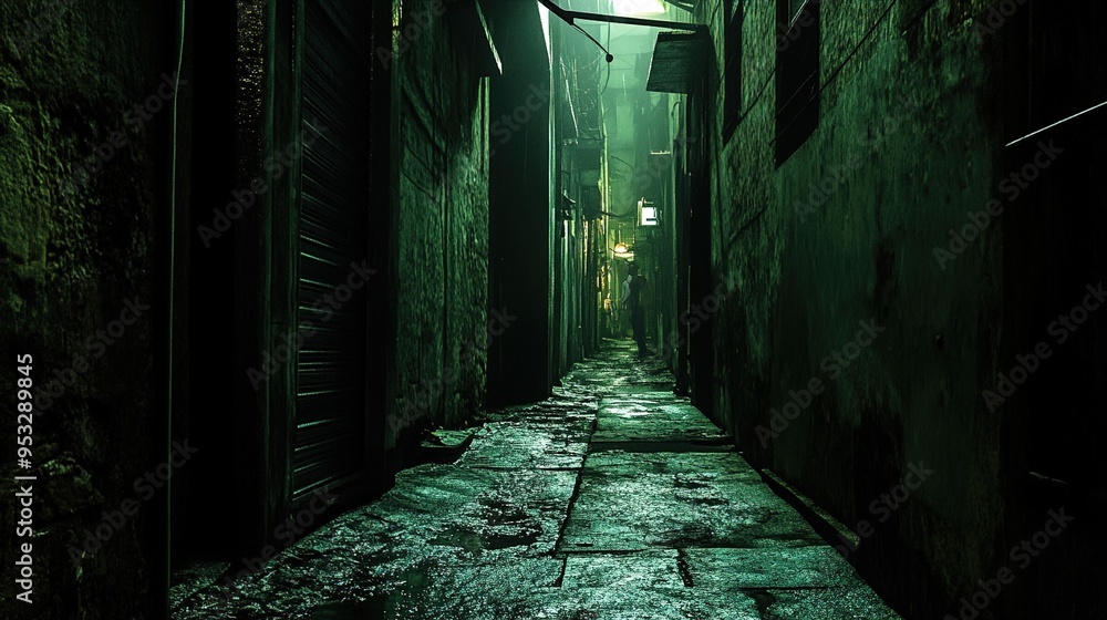 The image portrays a narrow, dimly-lit alleyway enveloped in a greenish ...