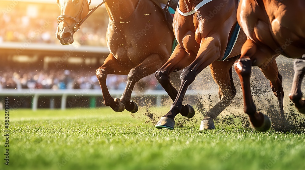 Dynamic horse race close-up, galloping hooves kicking dust, dramatic ...