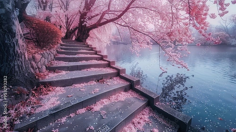 beautiful circular path in the park, single pavement, panoramic cherry ...