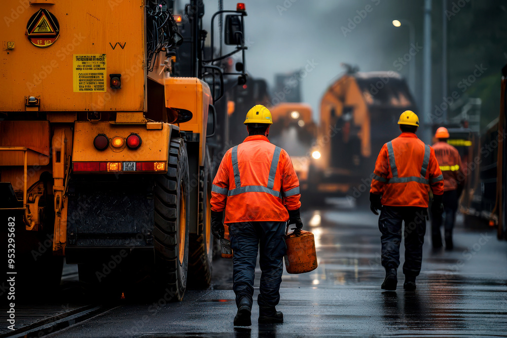 Workers in safety gear operating in an industrial zone, with factories ...