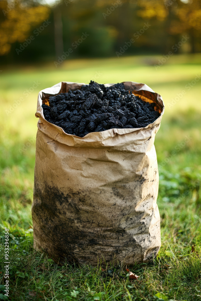 Biochar Bag, A large paper bag filled with biochar rests on a grassy ...