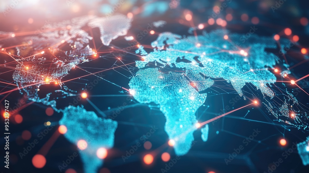 A digital global network background featuring a world map and luminous ...