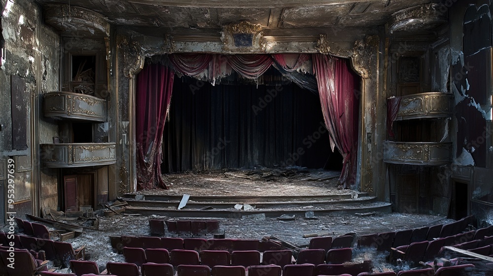 An aged, abandoned theater with a decayed interior. The main stage ...