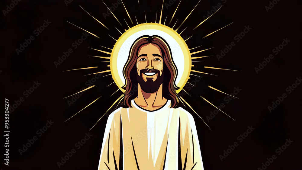 Jesus Christ in cartoon flat design style smiling with rays of light on ...