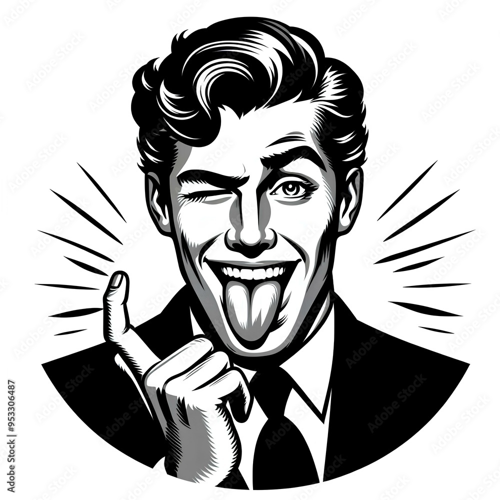 Retro-style illustration of a man in a suit winking and sticking his ...