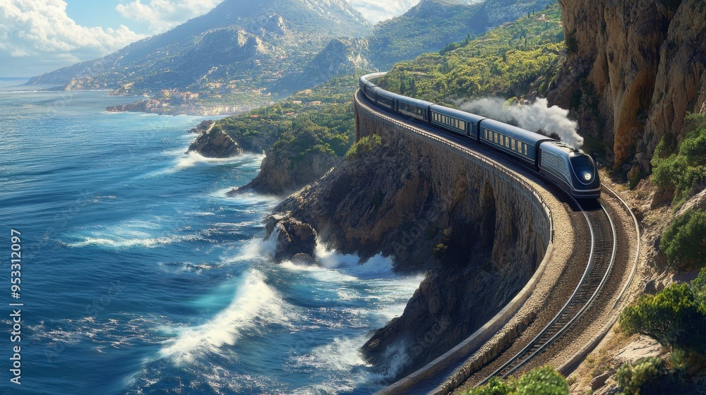A train navigating a sharp curve along a coastal route, with the ocean ... A train navigating a sharp curve along a coastal route, with the ocean ...