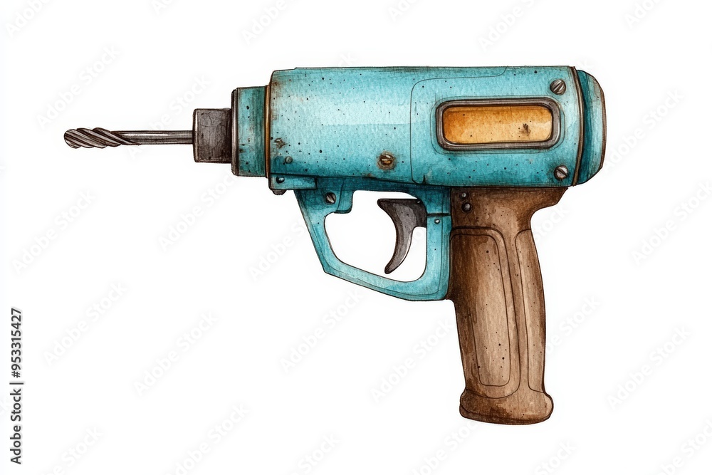 Vintage blue drill with a wood handle, ideal for illustrations and DIY ...