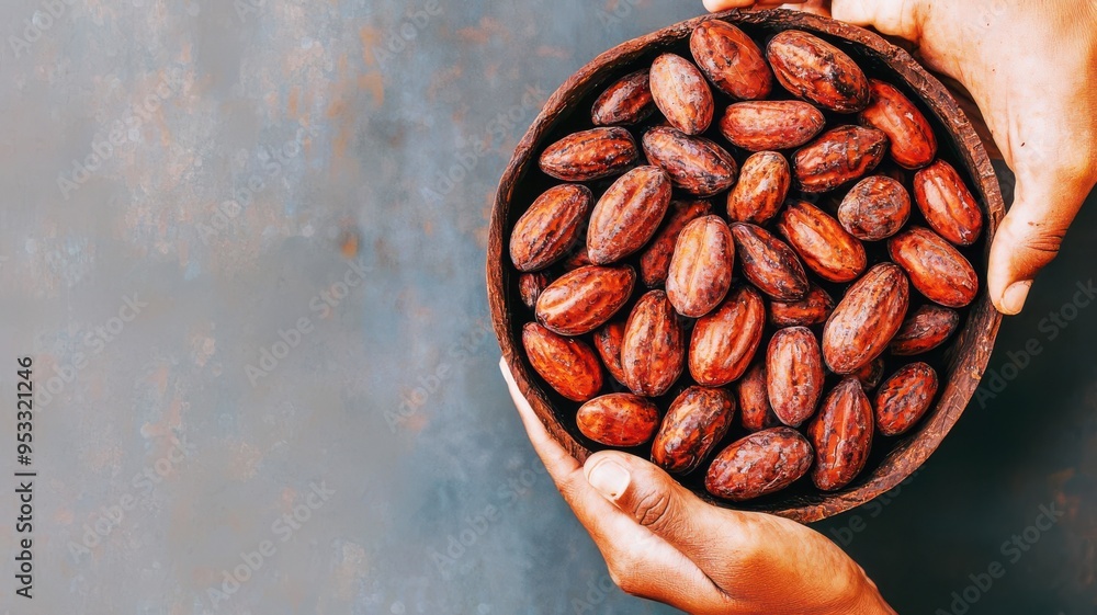 Detailed image of cocoa beans being extracted from the pods by hand ...
