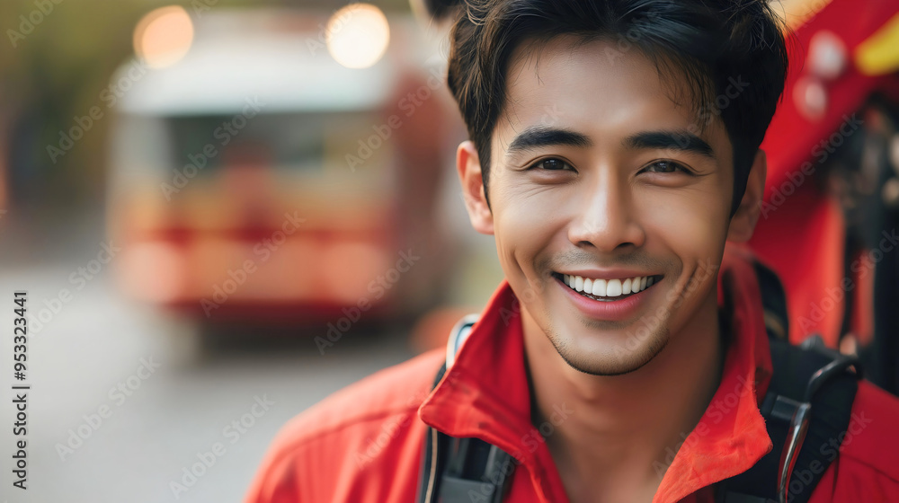 Portrait of Smiling male firefighter, happy fireman, Asian male ...