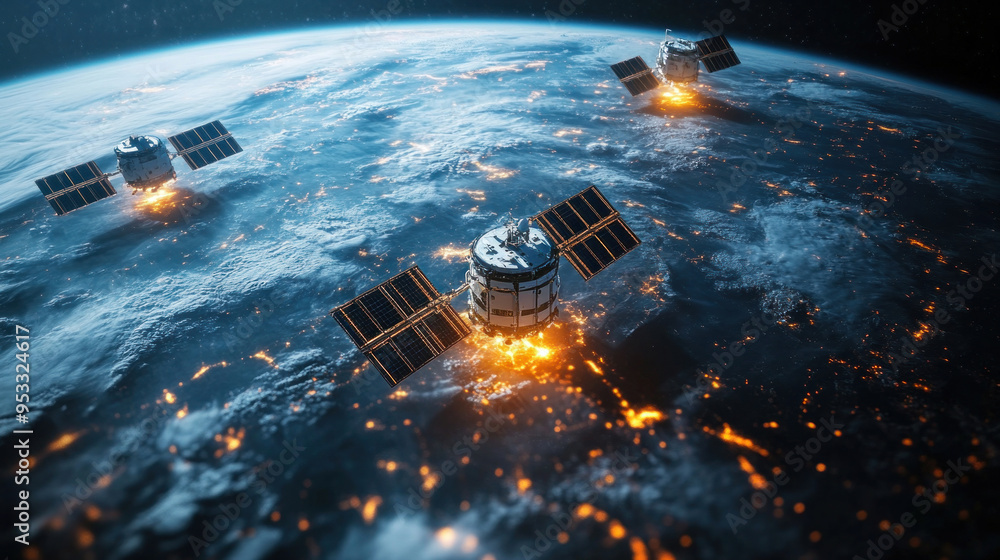 Military satellites communicating with ground stations, showcasing the ...