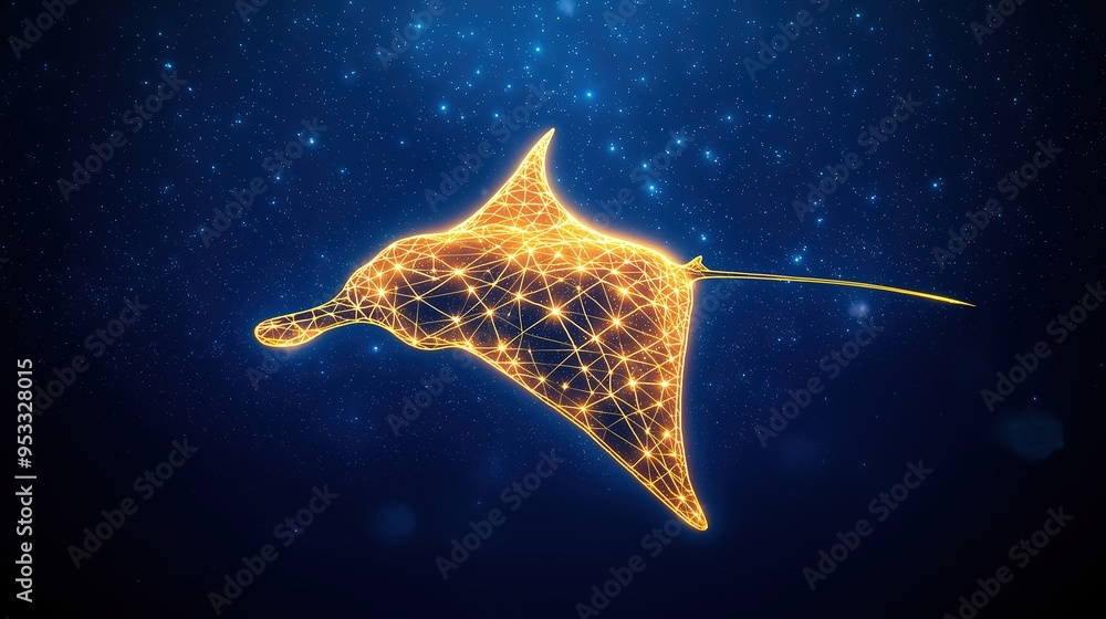Golden manta ray with starry lines swimming through the night sky, dark ...