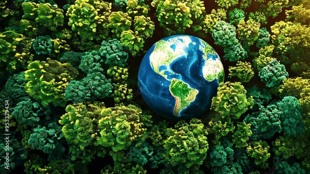 Aerial top view of green forest tree and global globe, Tropical rain ...