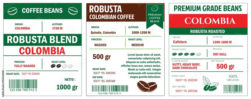 An illustration of coffee labels showcasing Robusta Blend and Premium ...