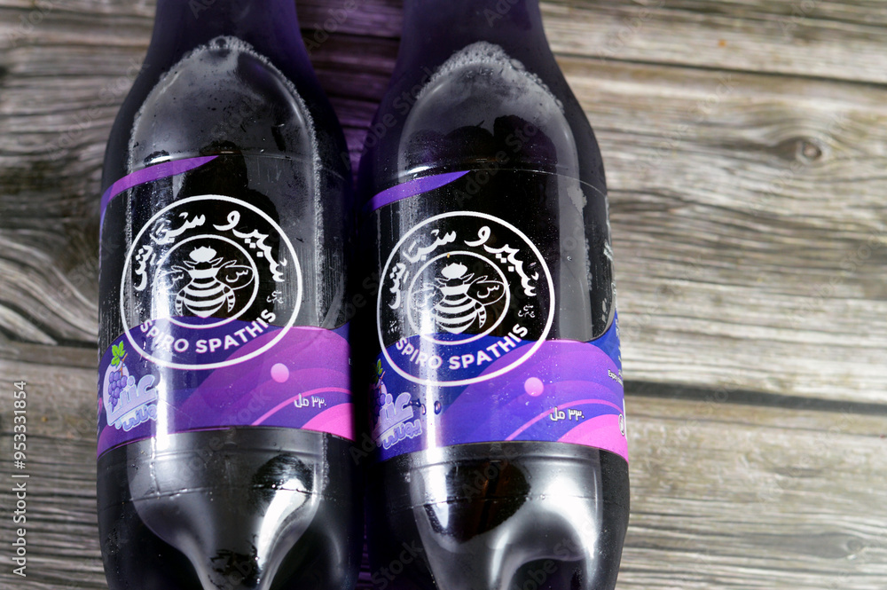 Cairo, Egypt, August 16 2024: Spiro Spathis with Greek grape soda drink ...