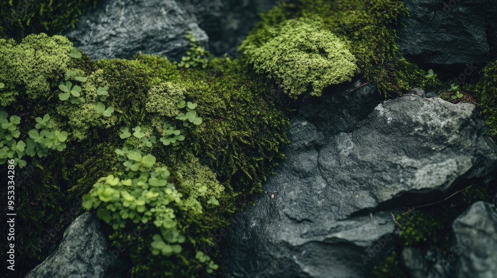 High-resolution shot of moss growing on stone, with a lush, green ...