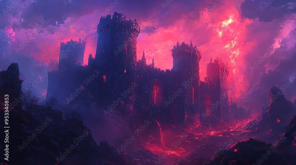 The image depicts a dark, foreboding castle set against a dramatic and ...