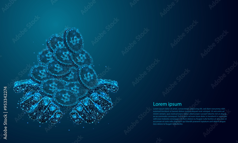 Abstract hand holding coins stacks of money low poly wireframe a stack ...