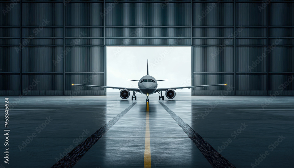 Front view of an airplane in a hangar, ready for departure. Industrial ...