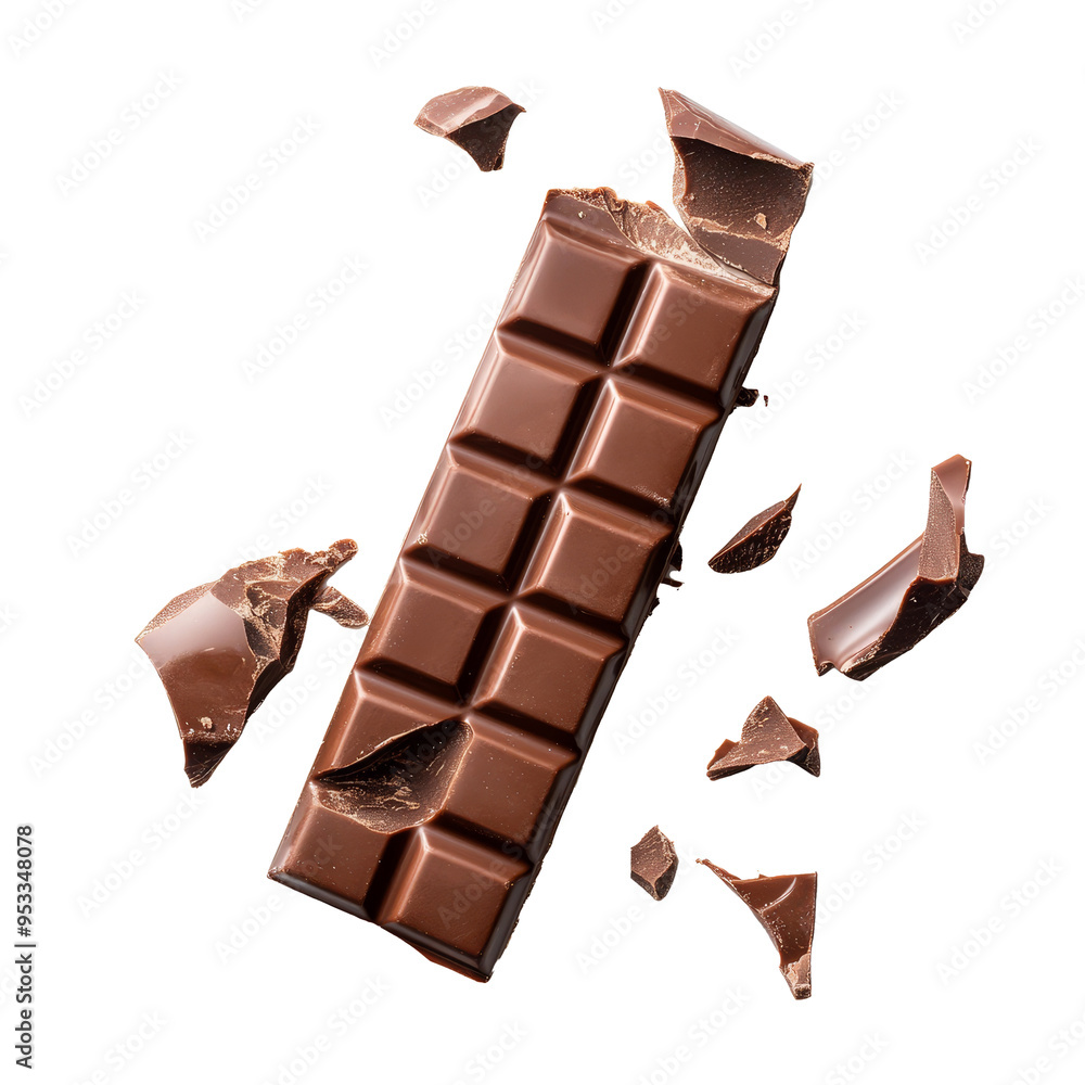 Broken pieces of milk chocolate scattered around a partially intact bar on a clean PNG surface ...