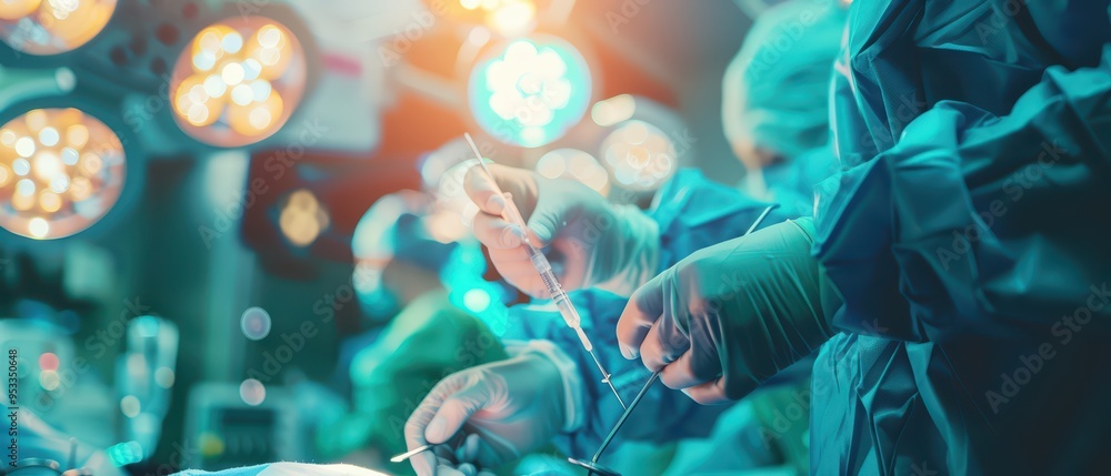 Close-up of surgical hands performing a procedure in a modern operating ...
