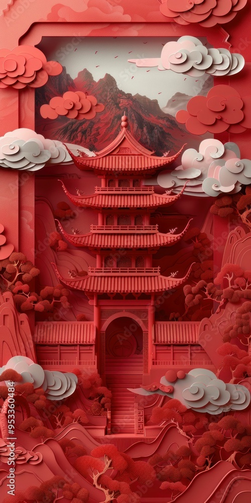 Red paper cut art depicting a traditional Chinese pagoda amidst ...