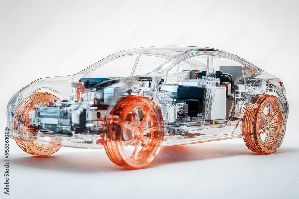 Cutaway view of electric car with battery engine and powertrain on ...