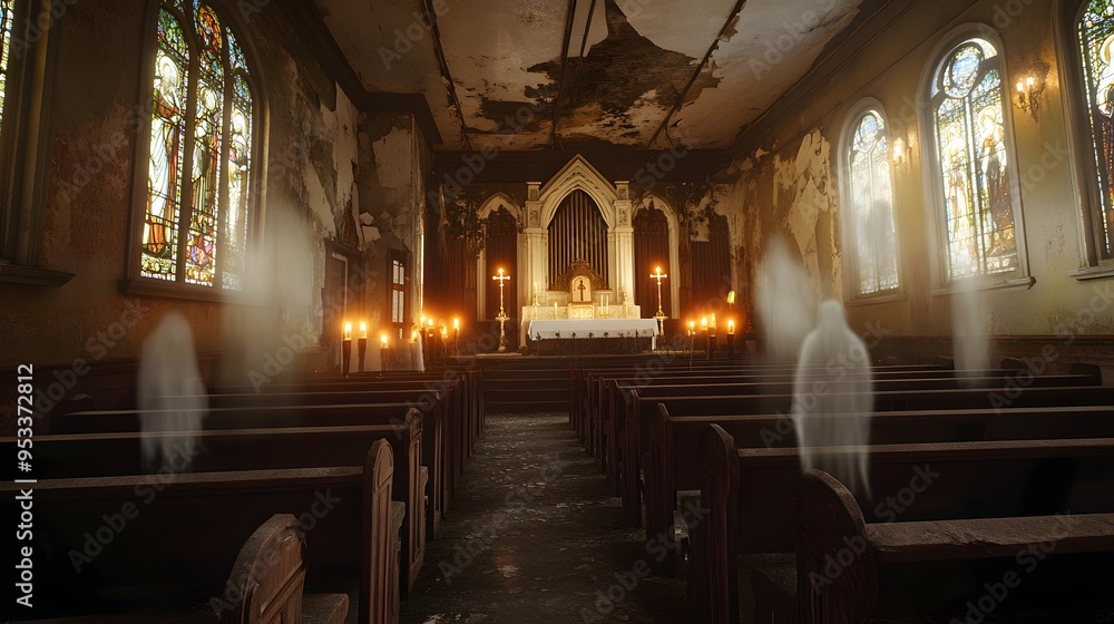 Haunted church interior with ghostly figures and stained glass windows ...