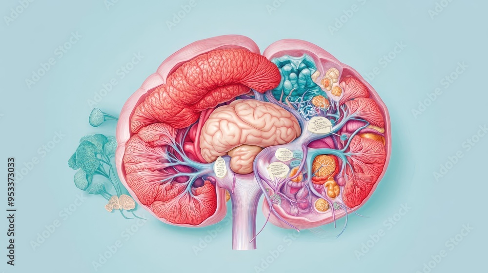 Artistic anatomical drawing of the prostate gland, emphasizing ...