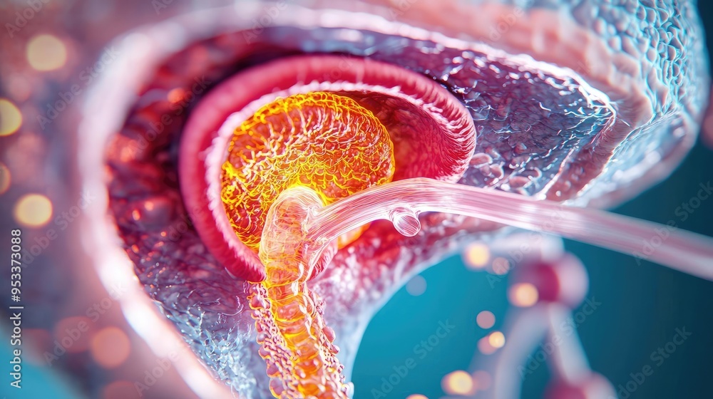 Close-up medical illustration of an enlarged prostate affecting the ...