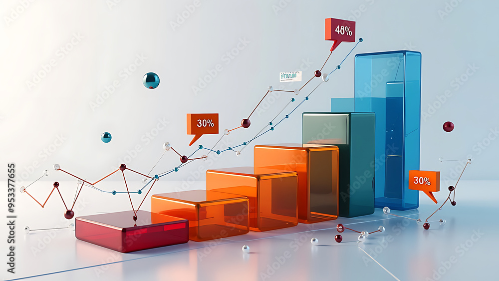 3D Bar Graph with Rising Bars, Line Graphs with Nodes and Percentage ...