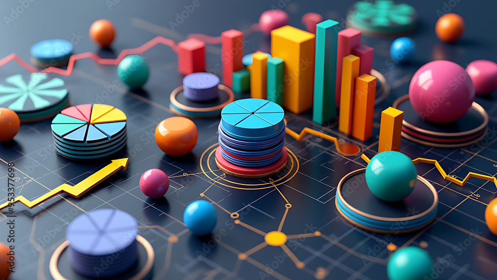 3D Graphical Representation of Colorful Charts and Graphs Including Bar ...