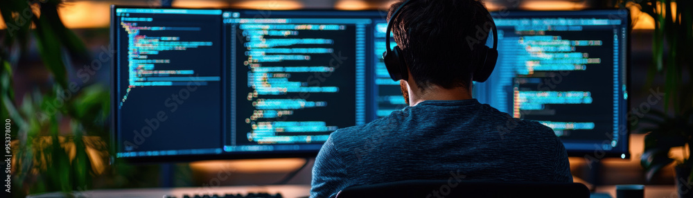 Programmer integrating API with website on a dual monitor setup ... Programmer integrating API with website on a dual monitor setup ...