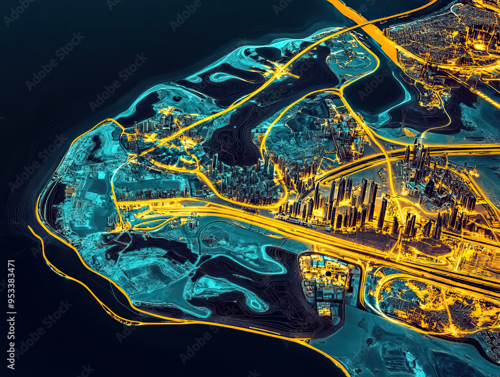 Technical aerial visual, 3D LiDAR GIS aerial map satellite scan model ...