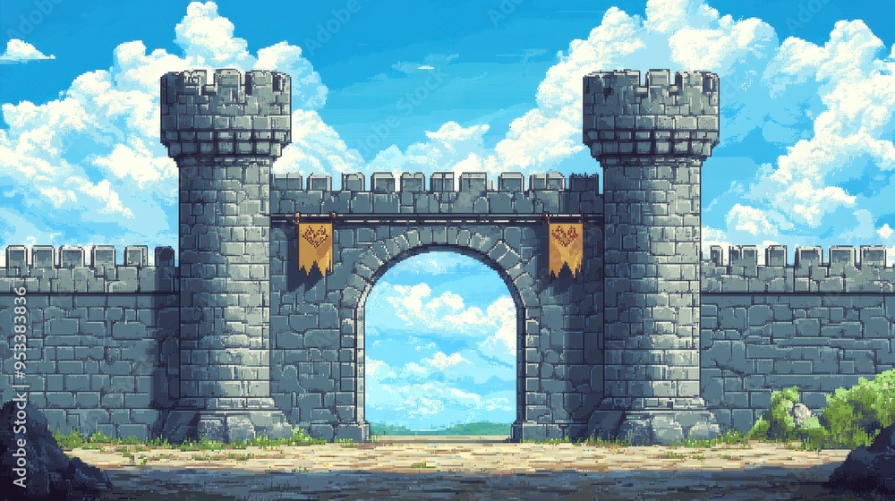 16-Bit Pixelated Castle Gate With Banners, Vintage Video Game Style ...