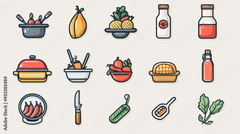 Hand-drawn Cooking Icon Set for Culinary App with Grilling, Baking, and ...