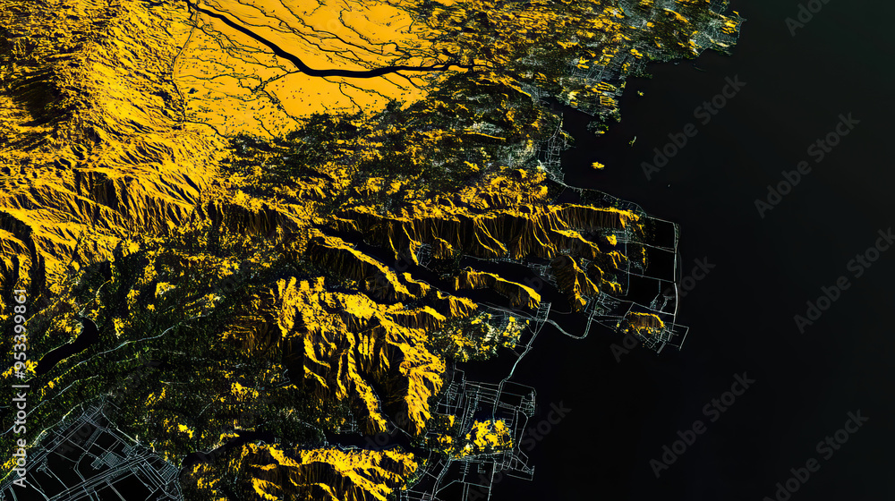 Technical aerial visual, 3D LiDAR GIS aerial map satellite scan model ...