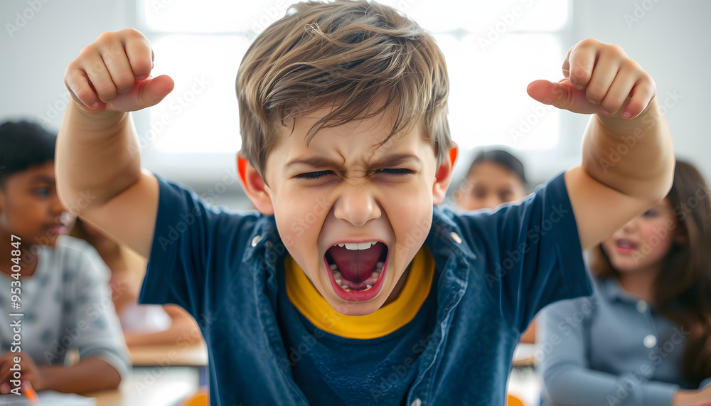 Screaming sad boy with autistic disorder cover ears and scream during ...