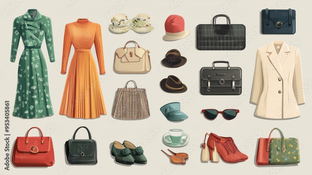 1950s Retro Fashion Icons: Nostalgic Set of Vintage 2D Symbols from the ...