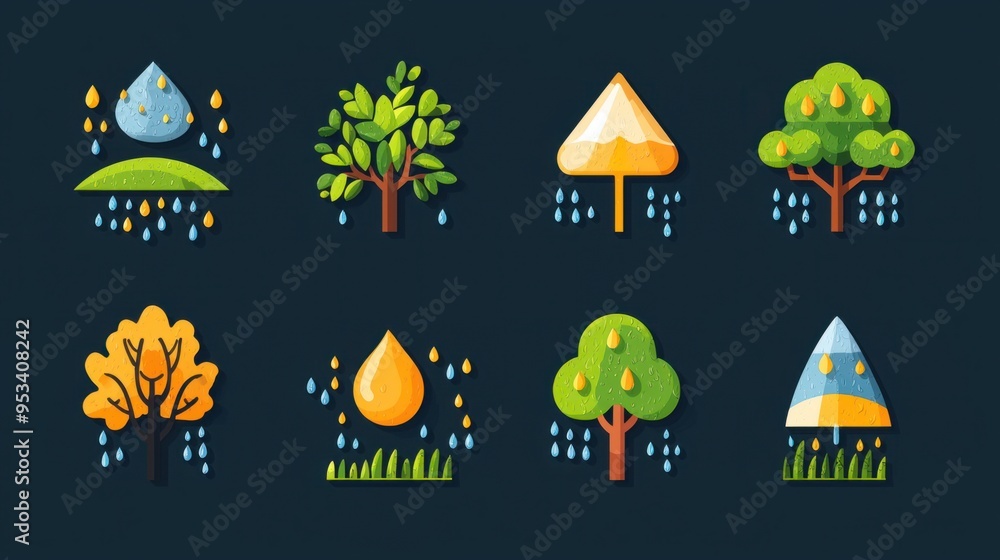 Minimalist 2D Icons Depicting Raindrop's Journey Through Water Cycle ...