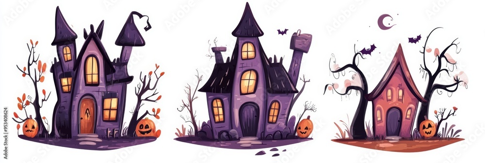 Charming Halloween haunted house clipart set featuring three whimsical ...