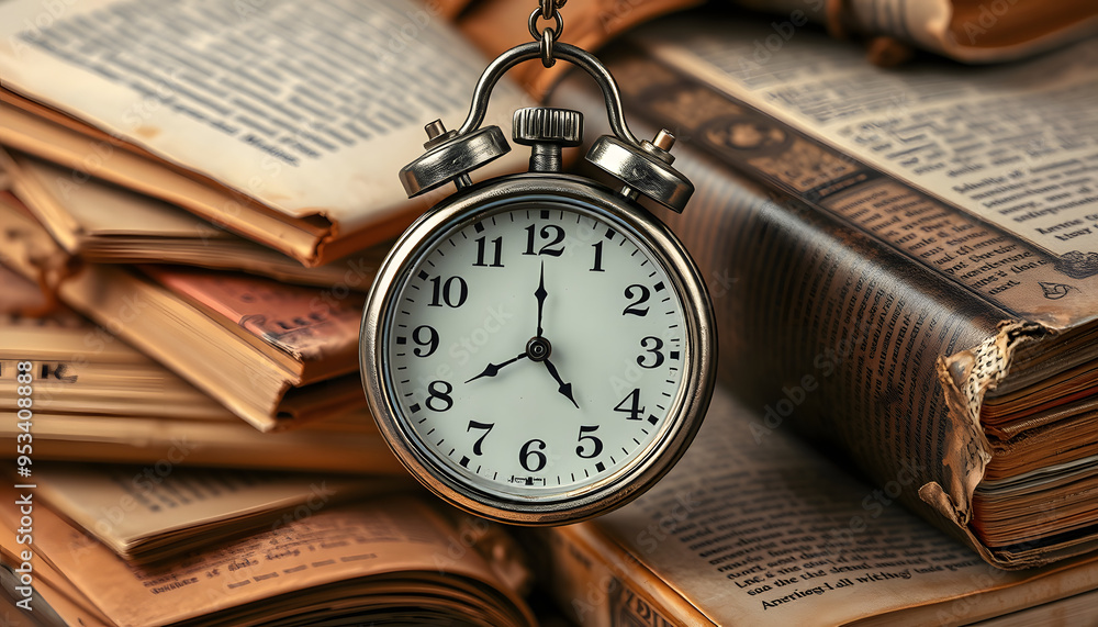 Vintage clock hanging on a chain on the background of old books. Old ...