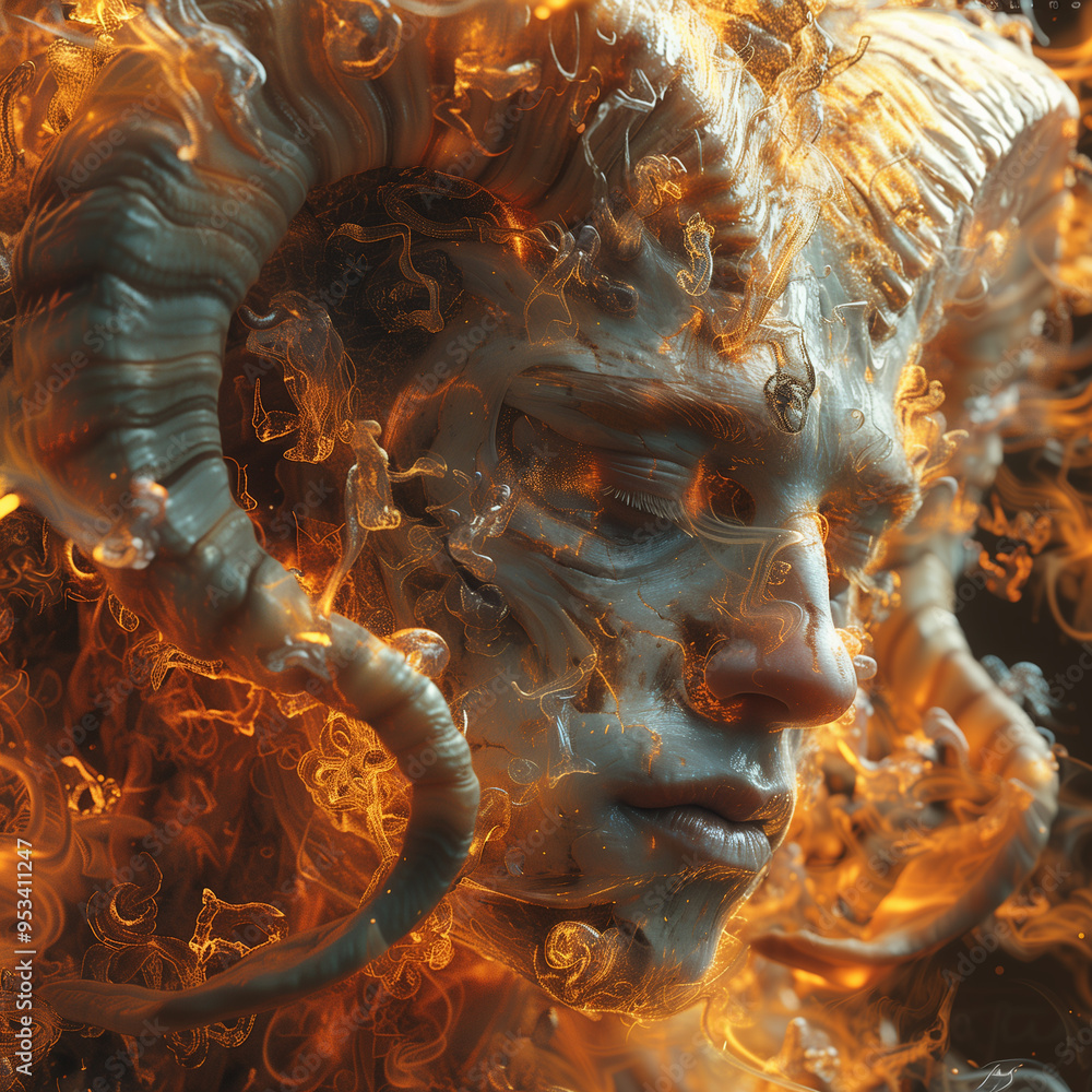 Aries , Capricorn zodiac sign with ram horns. Depiction of a man as ...